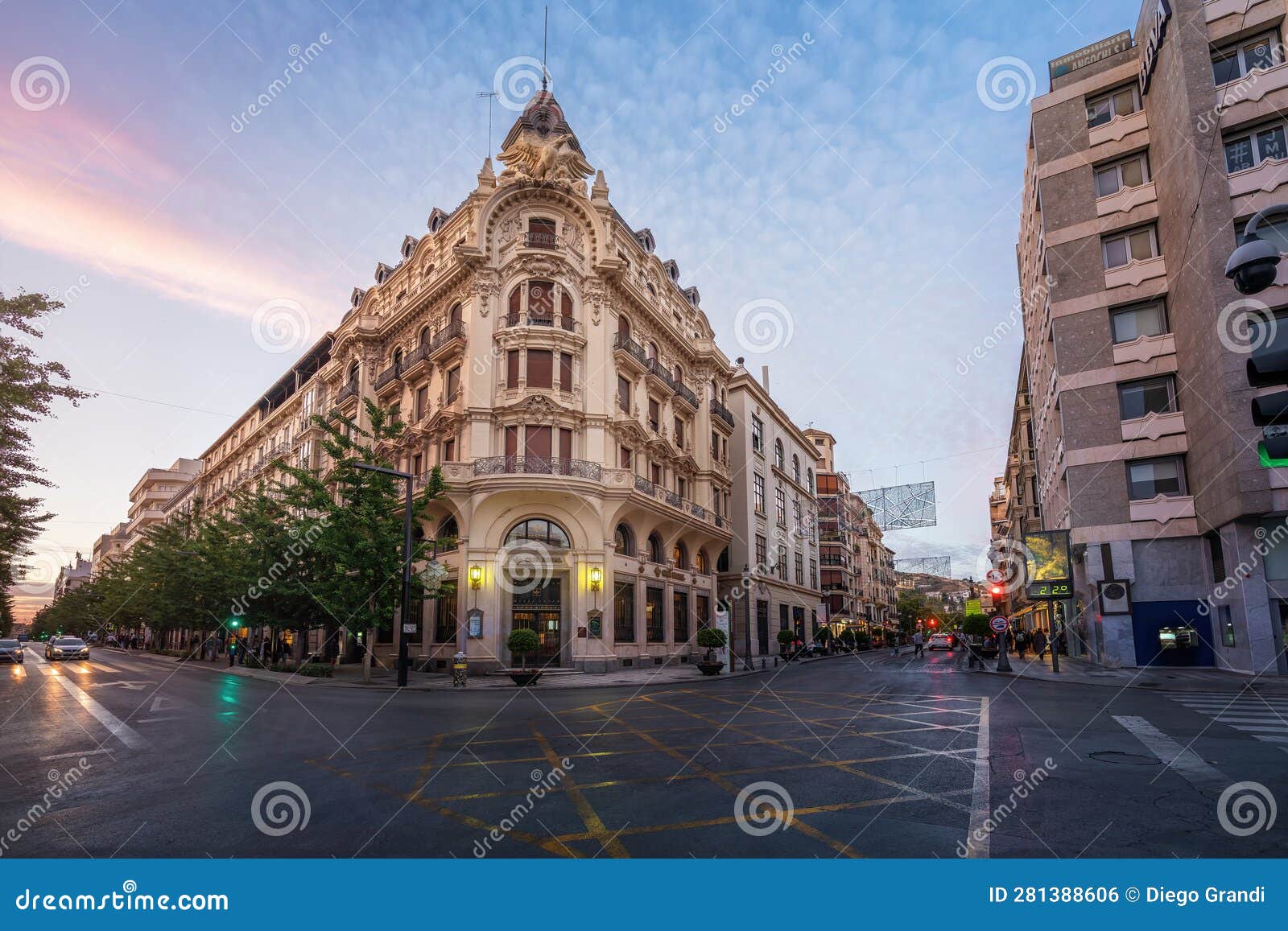 Edificio Banco Central Building and Gran Via De Colon Street at Sunset ...