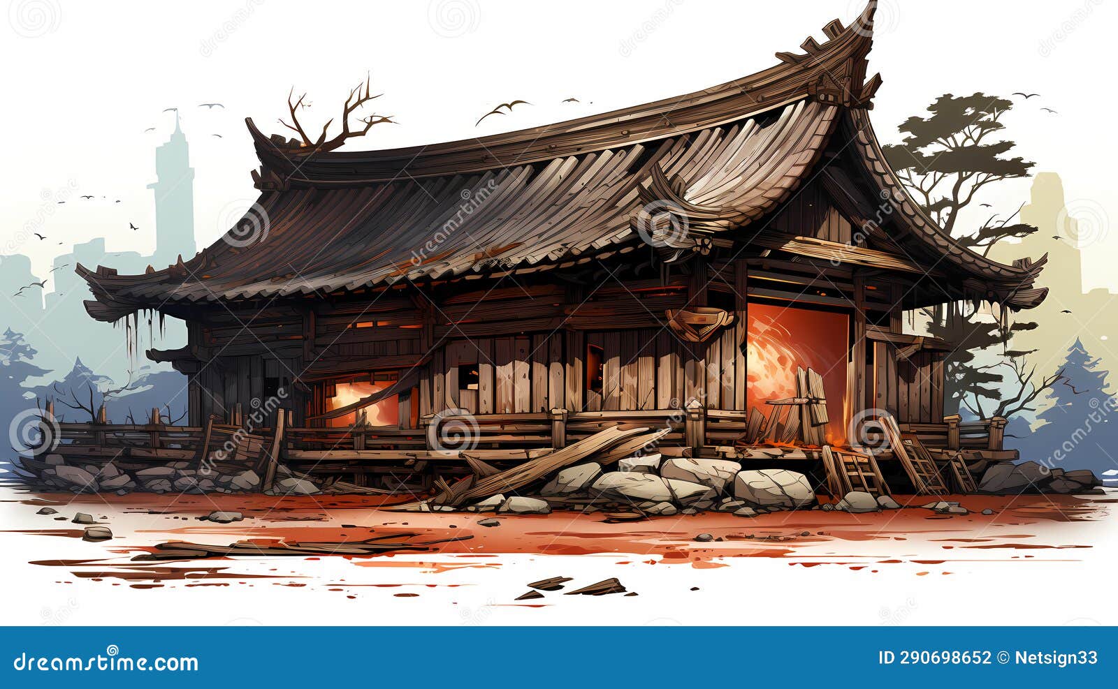 Edificio con techo roto stock de ilustración. Ilustración de abandonado ...