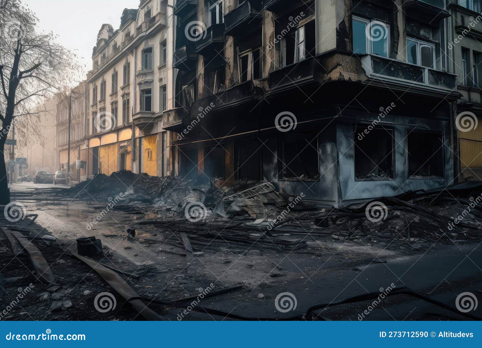Edificio Edificado Rodeado De Escombros Y Vidrio Roto En La Calle De La ...