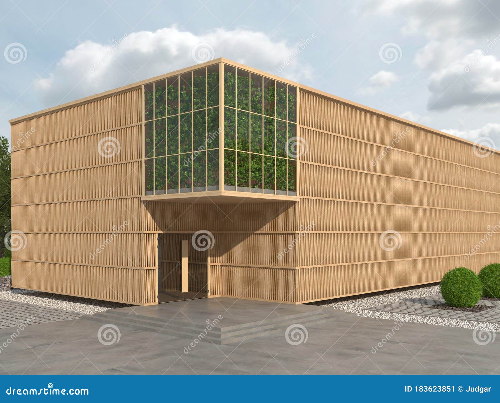 Edificio Moderno De Forma Rectangular Con Techo Plano. Fachada Con Puertas De Entrada De Cristal ...