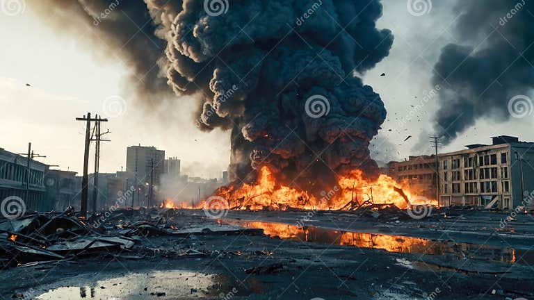 Edificios En Llamas En La Ciudad. Fuego Y Humo De La Quema Stock de ...