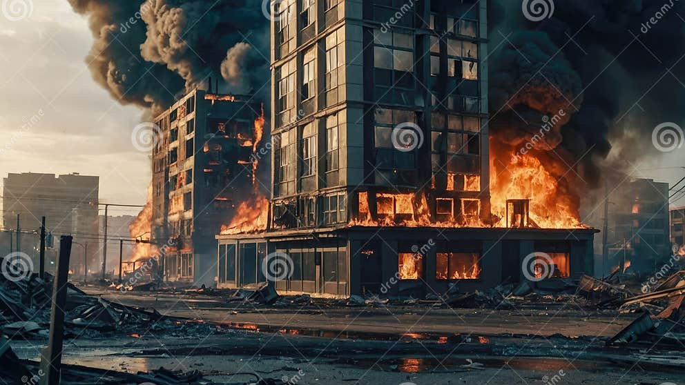 Edificios En Llamas En La Ciudad. Fuego Y Humo Del Edificio En Llamas ...