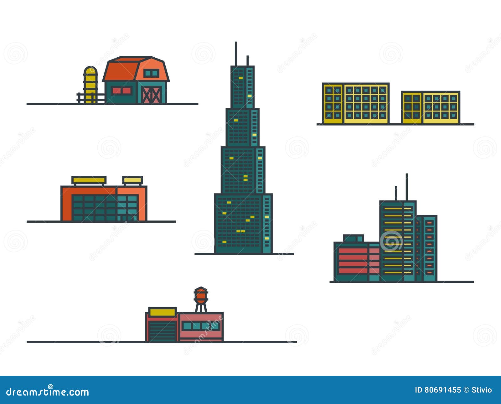 Edificios Sistema De Iconos Coloridos Del Vector Del Esquema ... Edificios Sistema De Iconos Coloridos Del Vector Del Esquema ...