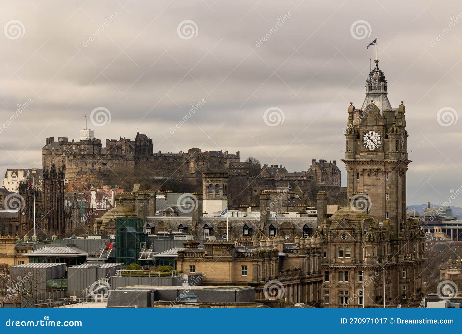 Edinburgh Castle and the Clock Tower of the Balmoral Luxury Hotel Stock ...