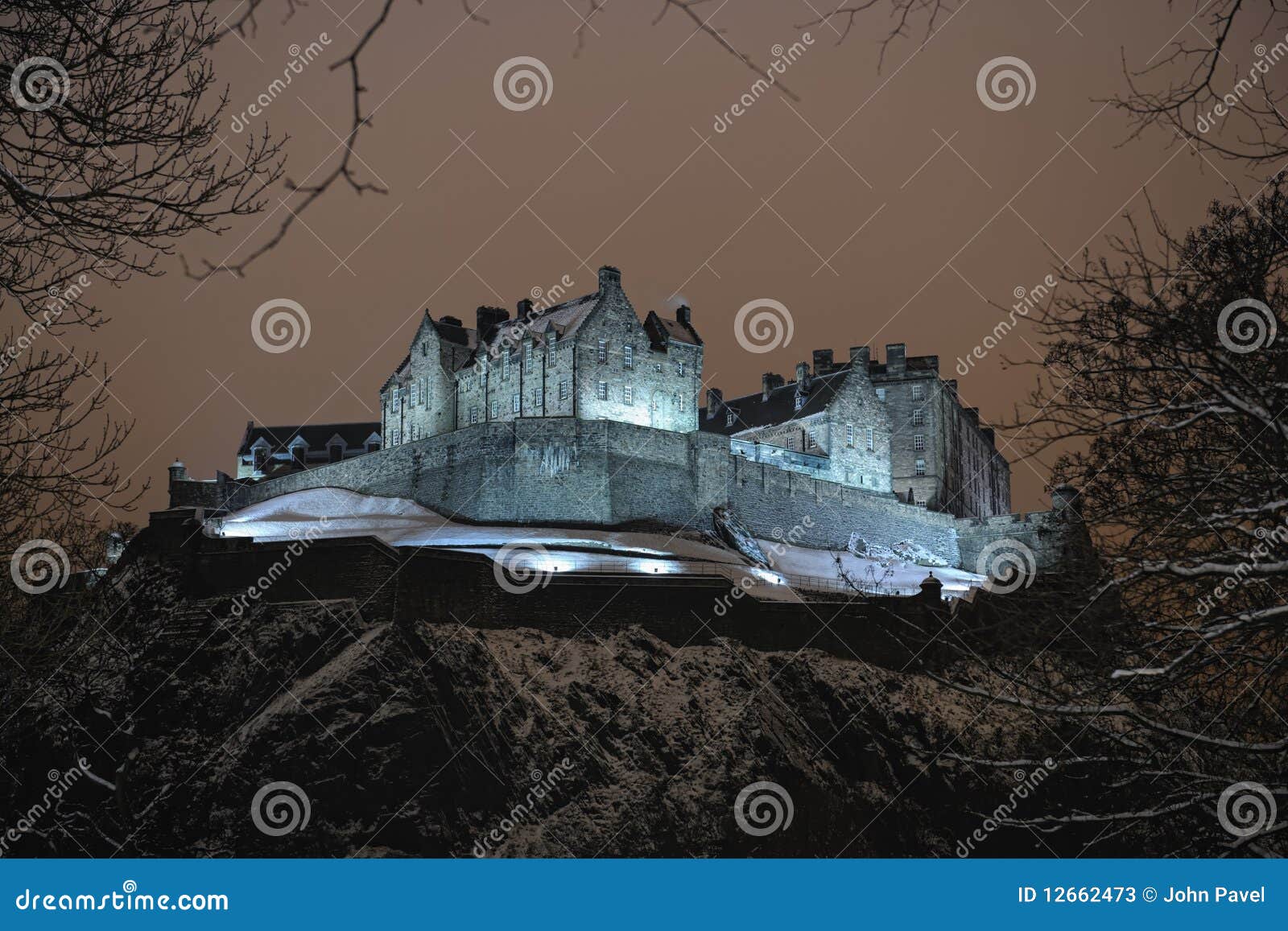 Edinburgh Castle, Scotland, UK, at Night in Snow Stock Image - Image of ...