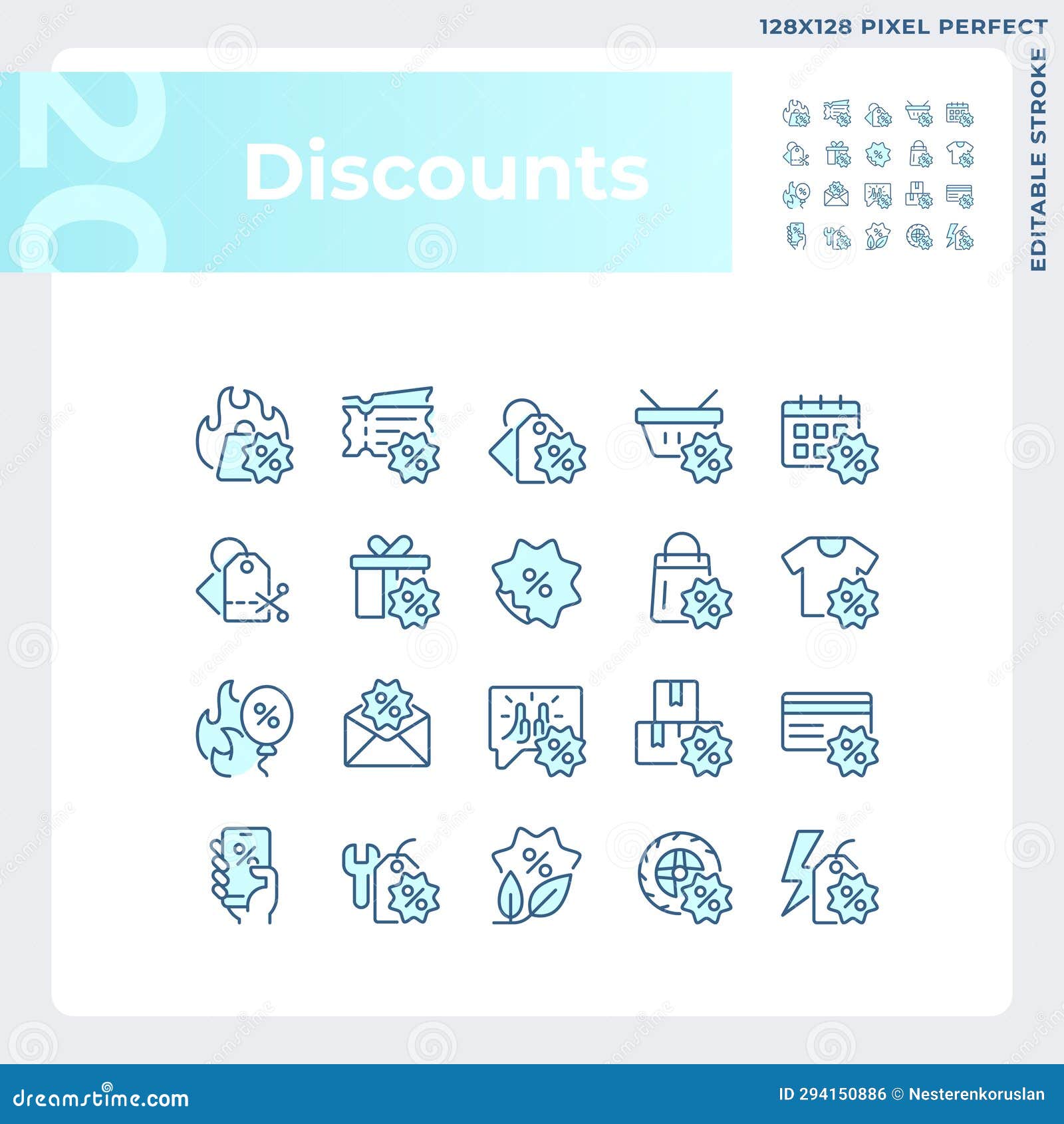 Editable Pixel Perfect Blue Discounts Icons Set Stock Illustration ...