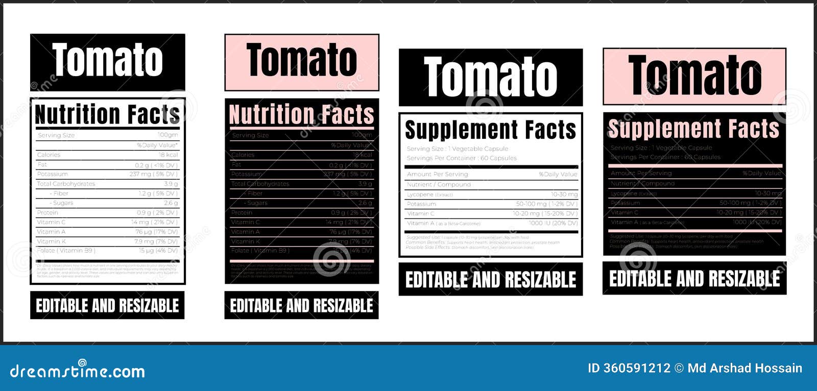 Editable and Resizable Tomato Nutrition and Supplement Facts Labels ...