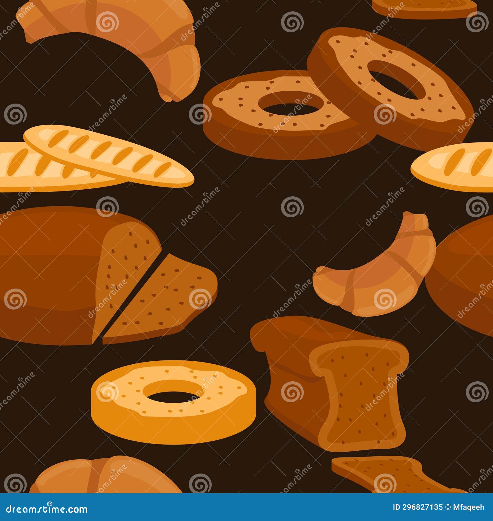 Assorted Breads Vector Illustration with Dark Background Seamless Pattern Stock Vector ...