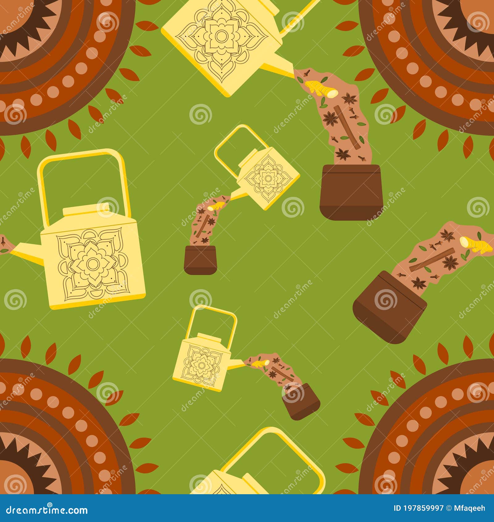 Pouring Masala Chai from Metal Kettle into Pottery Cup Vector Seamless ...