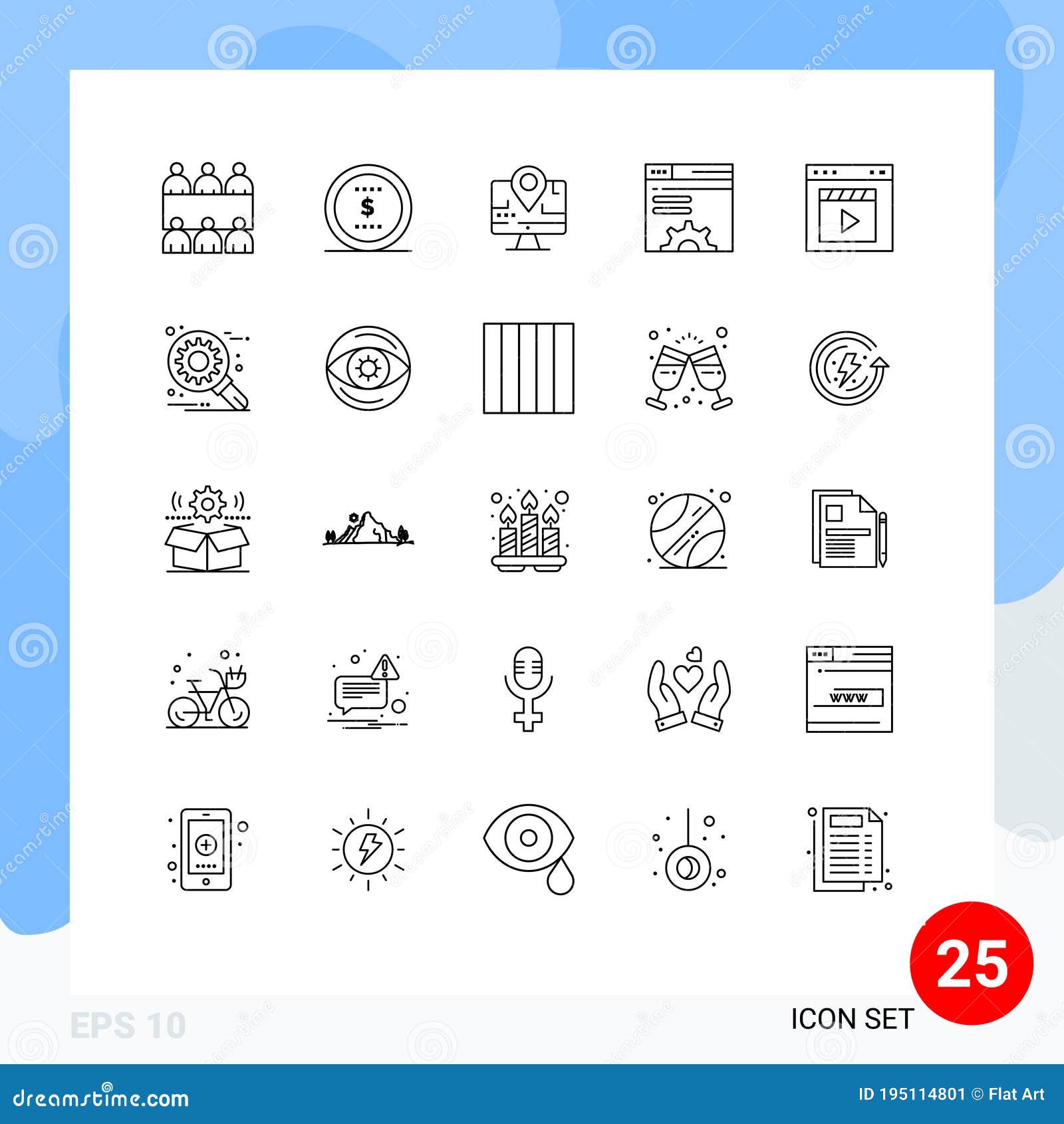 Modern Set of 25 Lines Pictograph of Film, Browser, Map, Web Brower ...