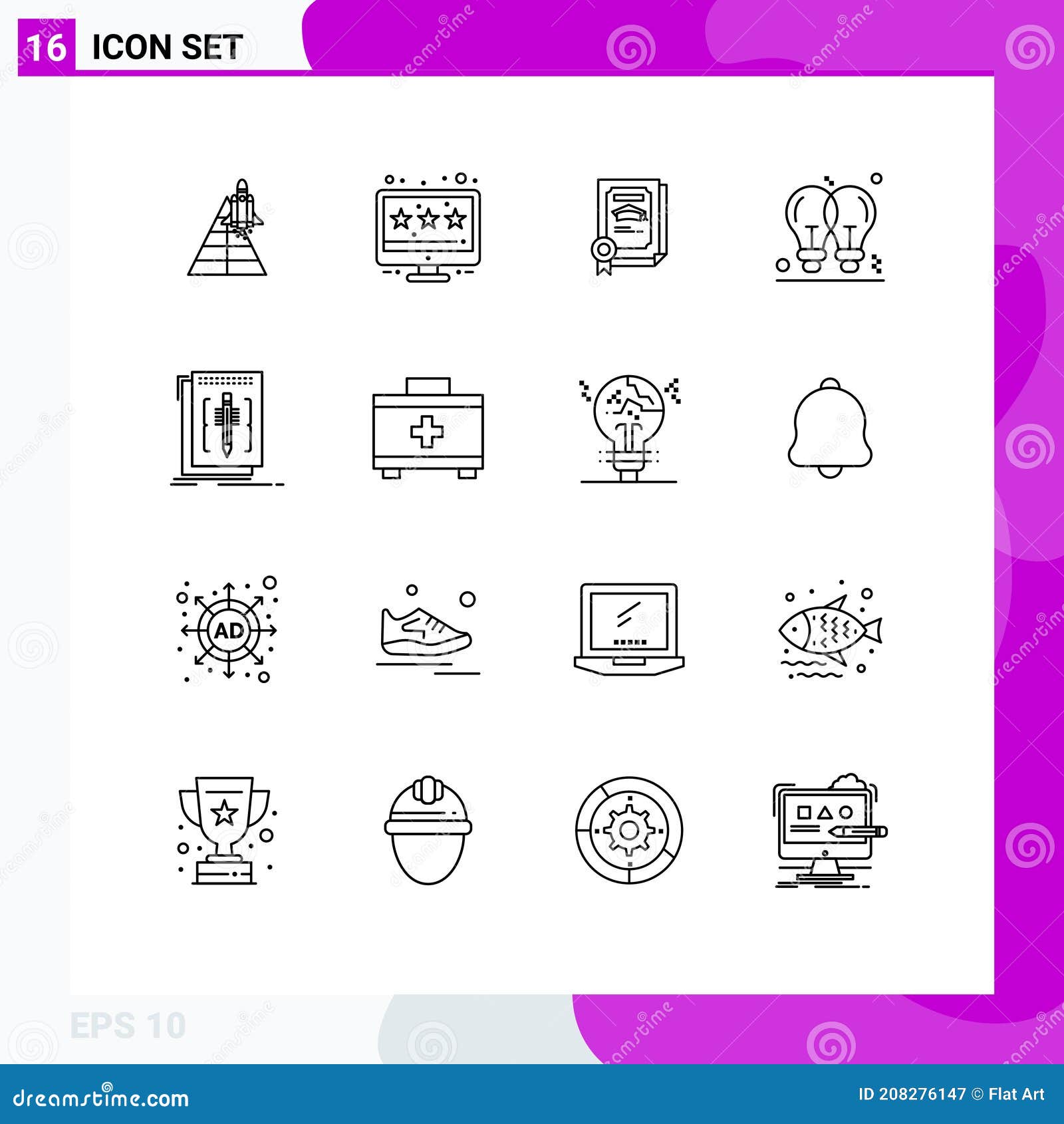 Modern Set of 16 Outlines Pictograph of Code, Light Bulb, Degree, Light ...