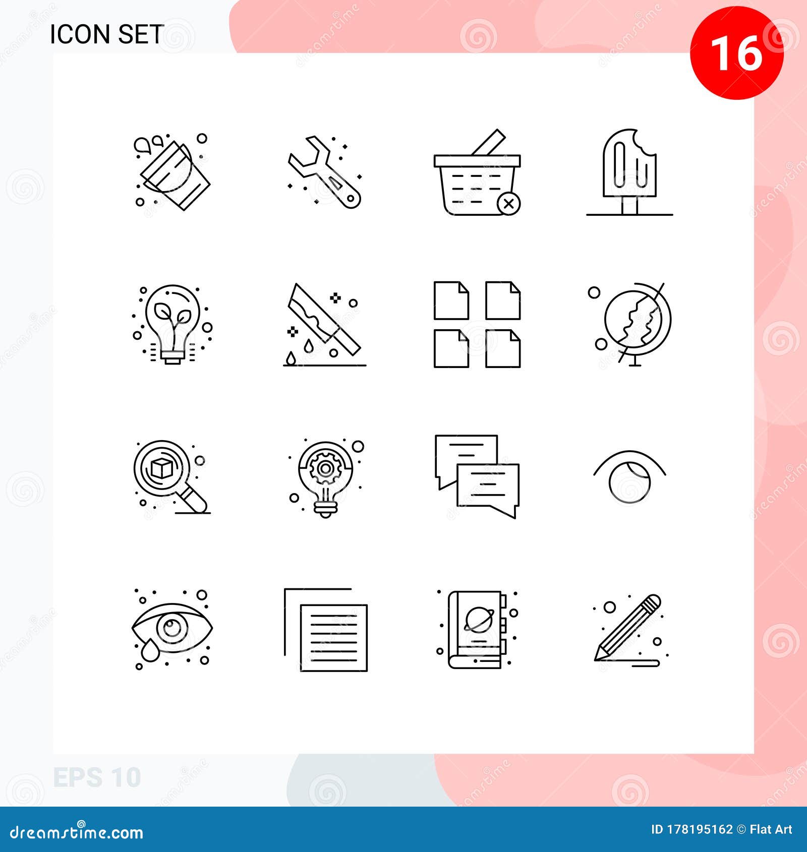 Pictogram Set of 16 Simple Outlines of Light, Ice Cream, Basket, Ice ...