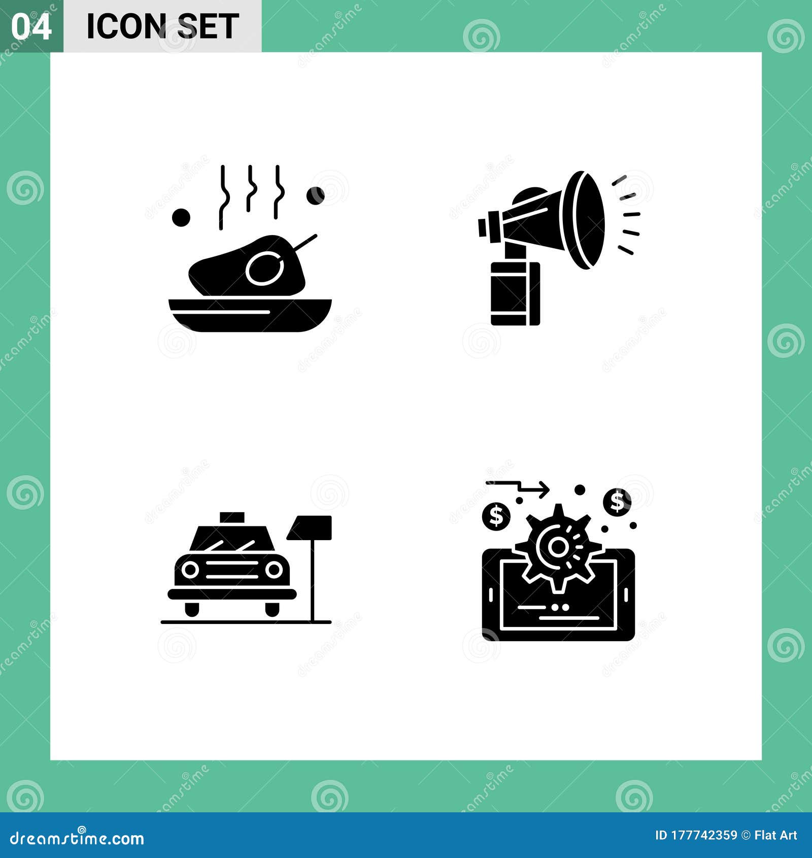 Editable Vector Line Pack of 4 Simple Solid Glyphs of Chicken, Horn ...