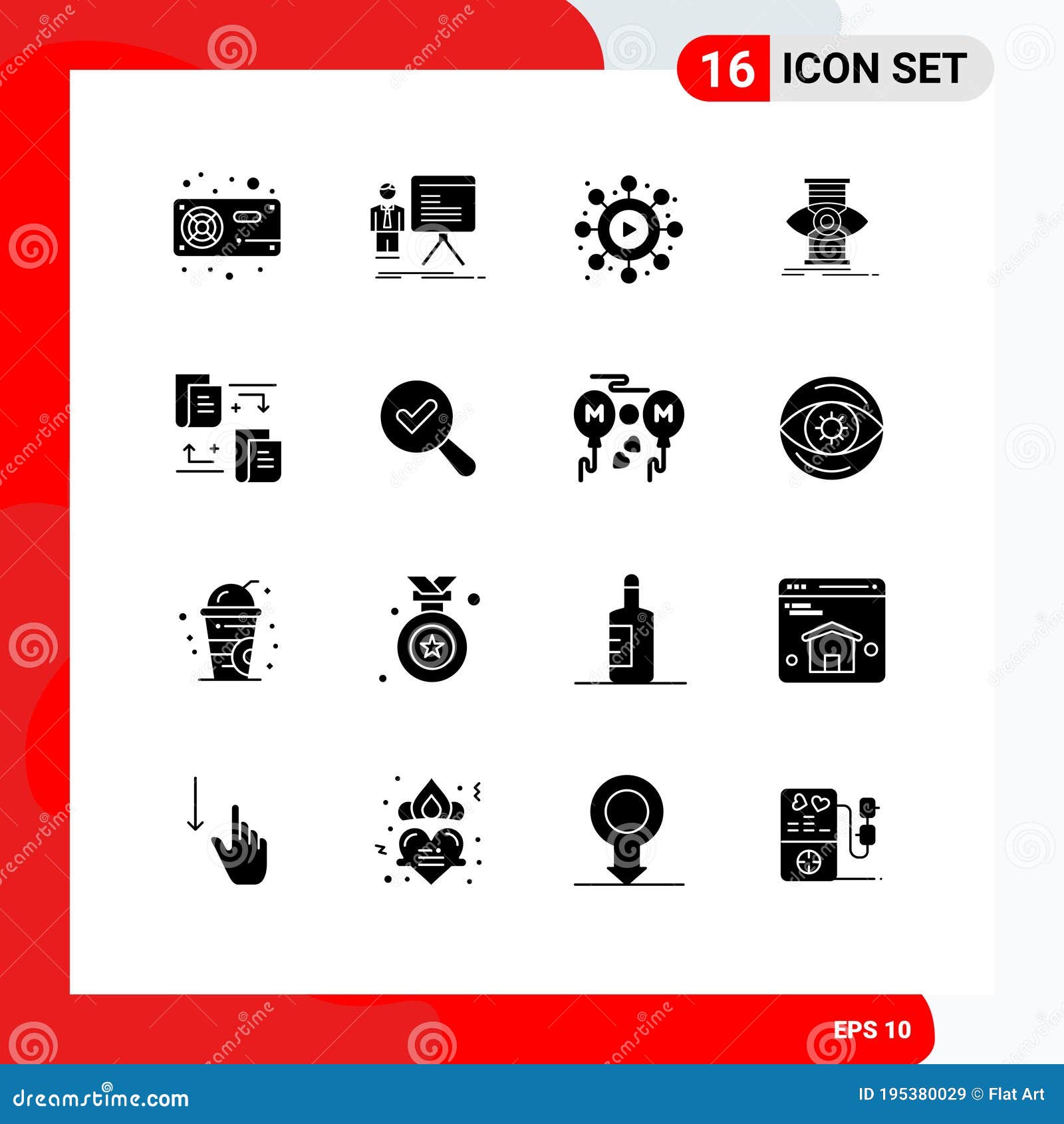 Set of 16 Vector Solid Glyphs on Grid for Files, Focus, Graph, Success ...