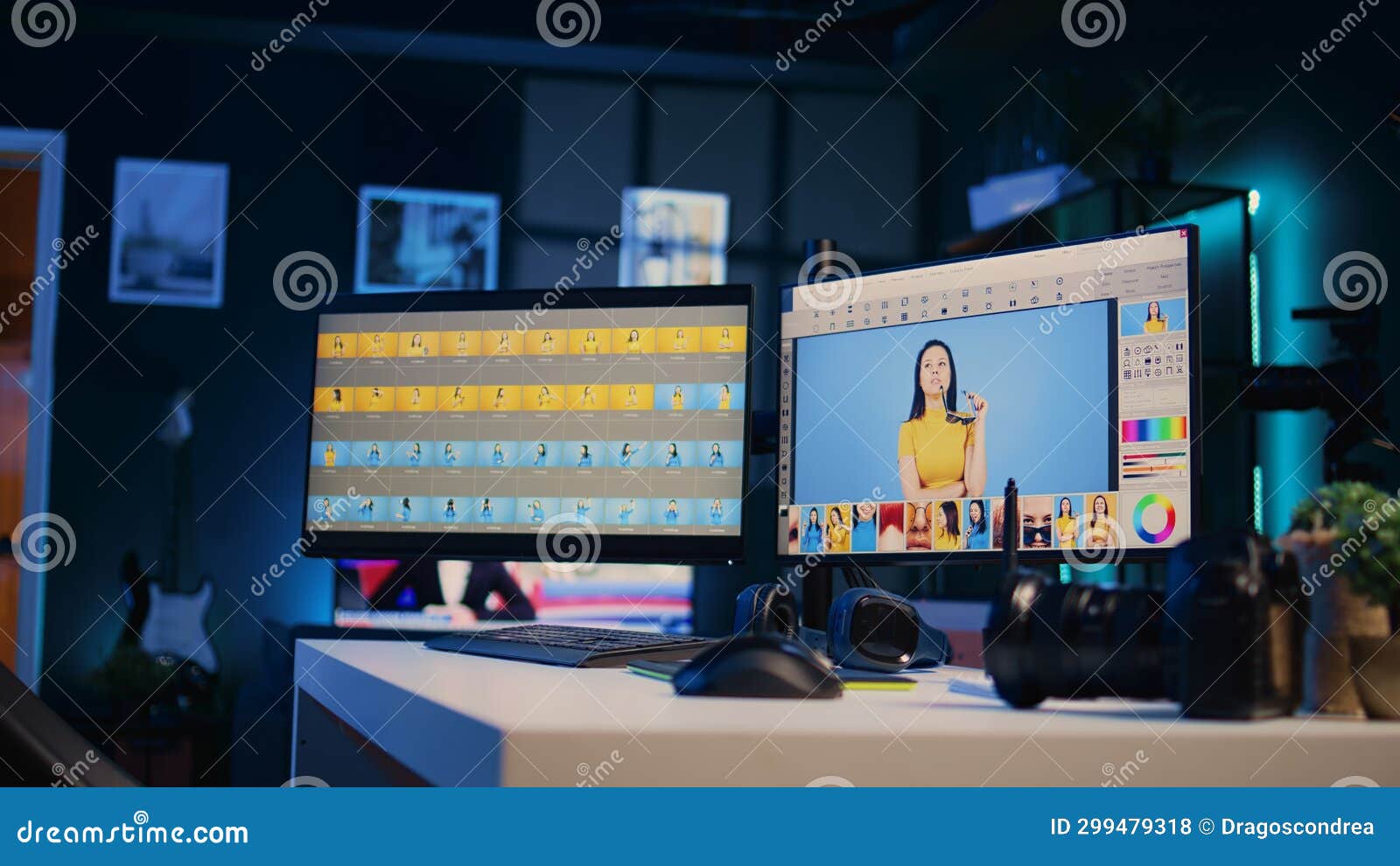 Editing Software Interface on Computer Screens in Empty Graphic Design Creative Studio Stock ...