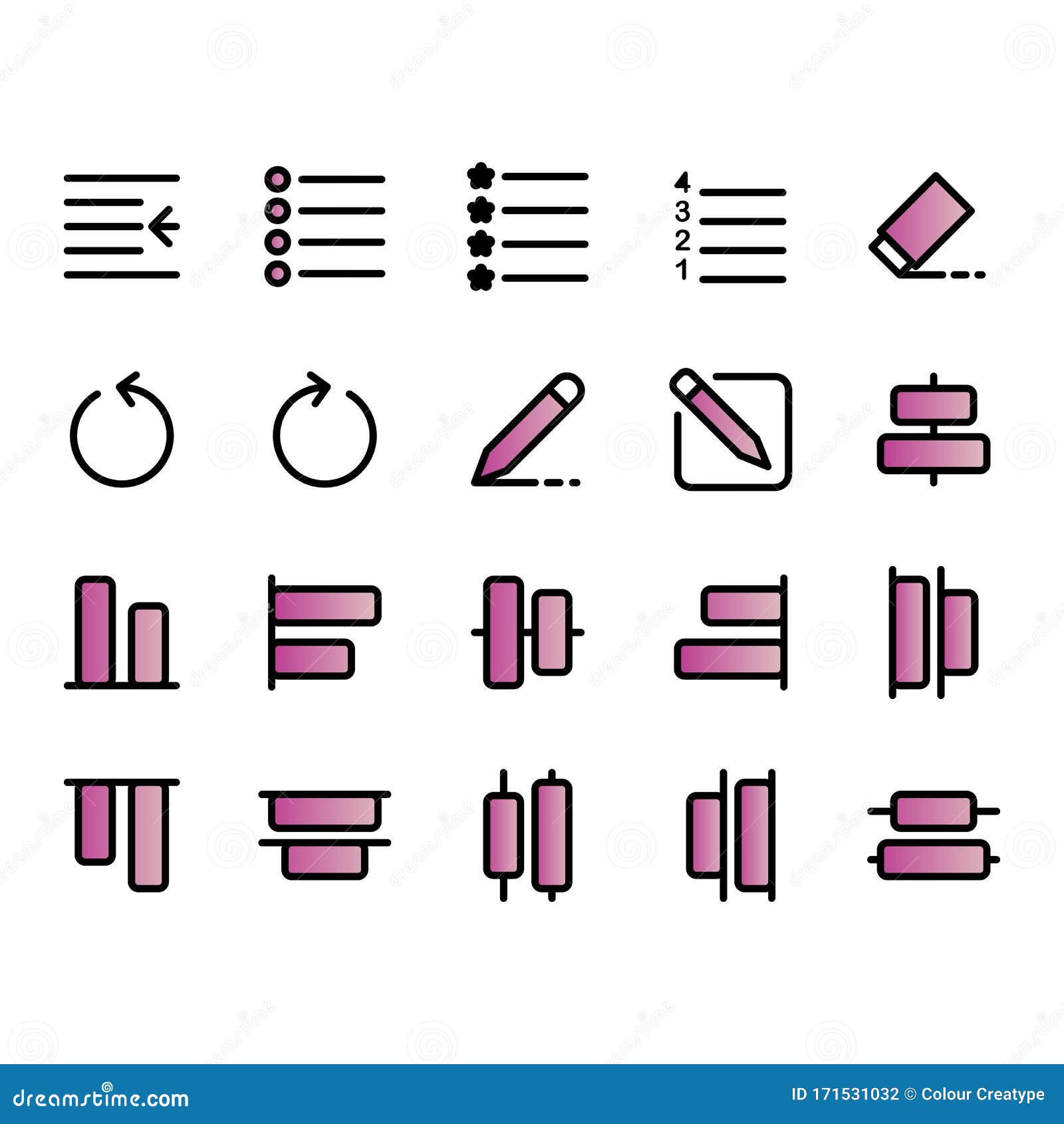 Editing Text Icon Set Include Indent,bullet,numbering,list,eraser,undo ...