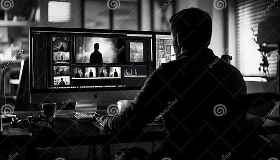 Editor Focuses on Video Editing in a Creative Workspace Late at Night ...