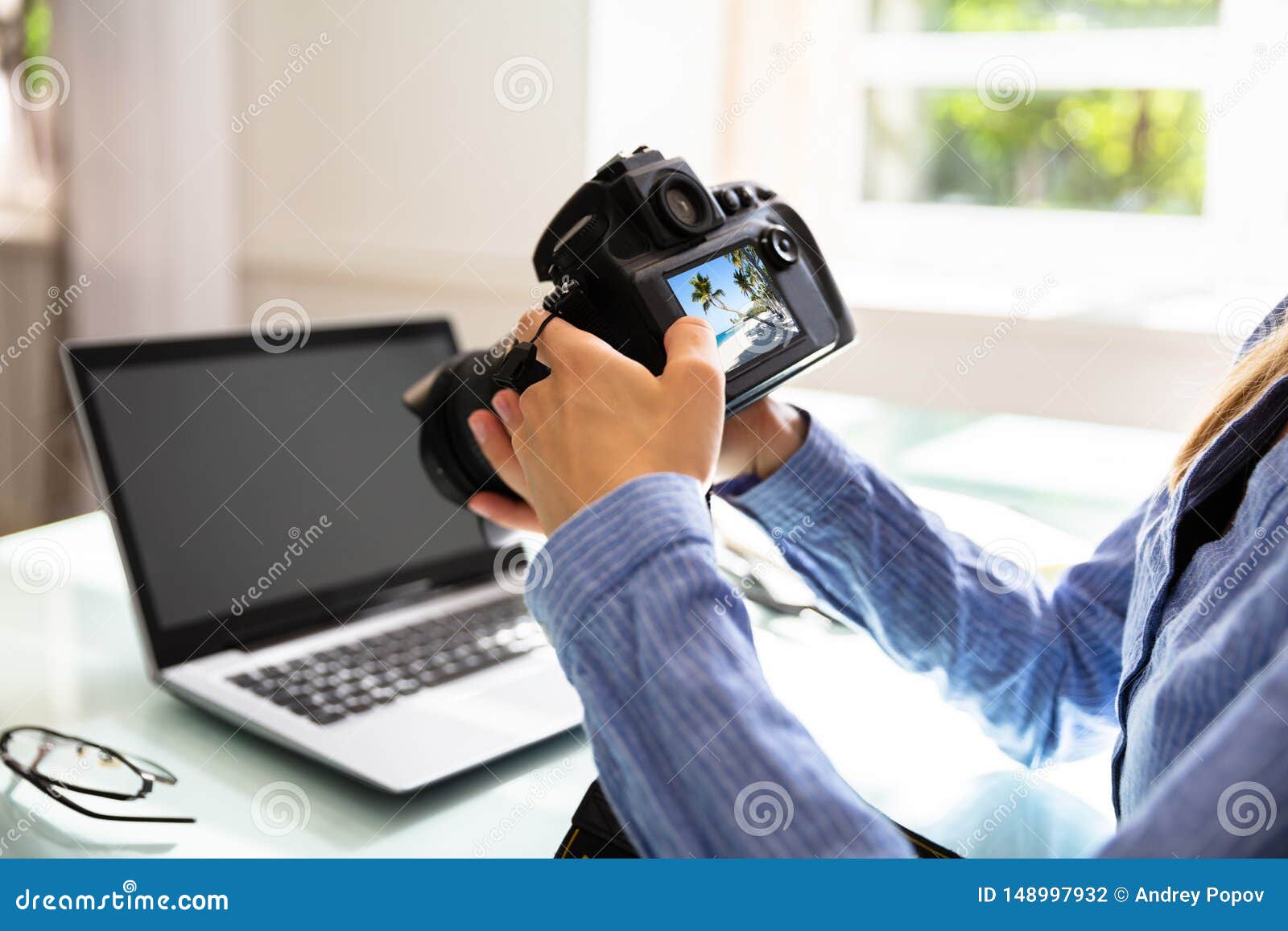Editor Looking at Photograph in DSLR Camera Stock Photo - Image of ...