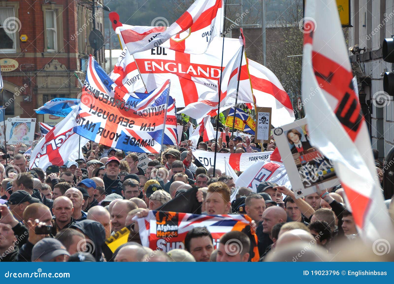 EDL Demo in Blackburn editorial photo. Image of bottles - 19023796