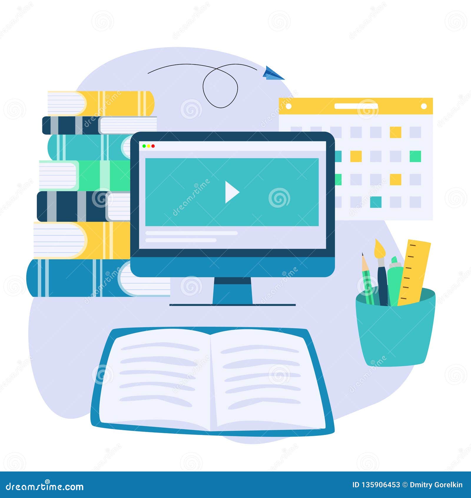 Online Education Flat Background with Book, Laptop, and Calendar. Stock ...