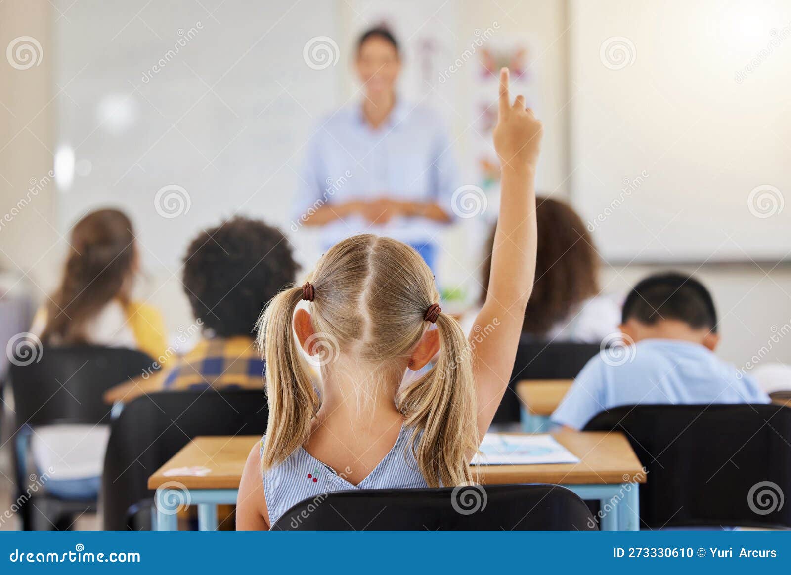 Education, Back and a Child Raising Hand in Class for a Question ...