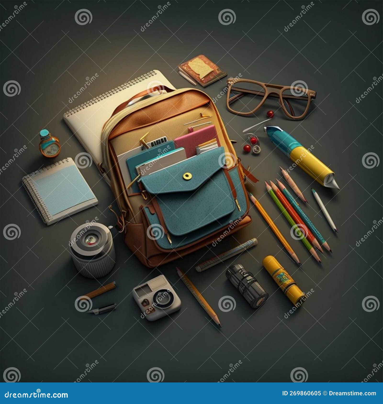 Education Bag Concept with All Tools Need To Study Stock Illustration ...