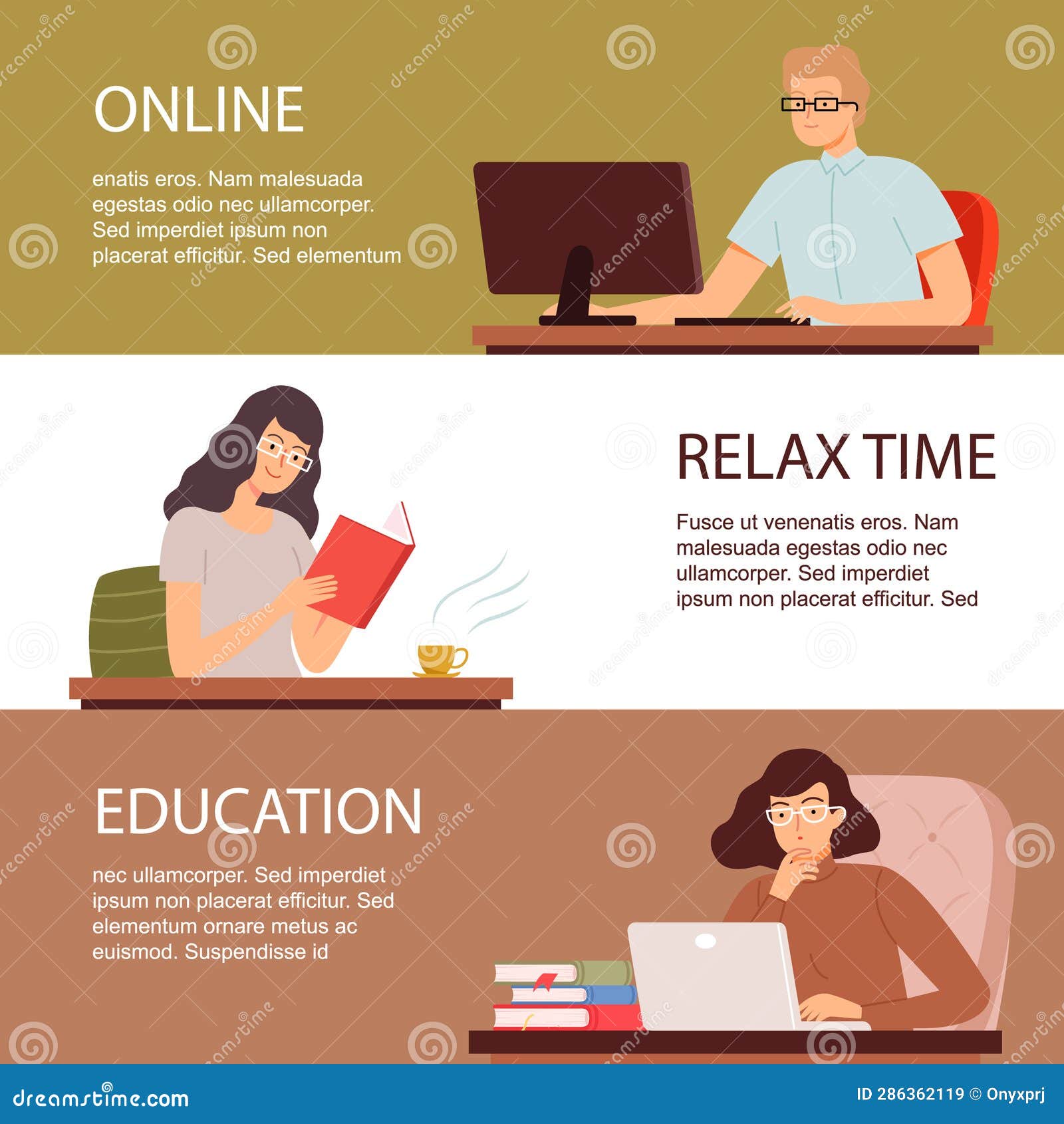 Education Banners. People Study at Library Reading Books and Working on ...