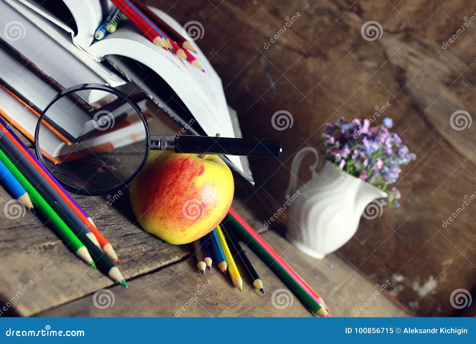 Education Book Apple and Magnifying Glass Stock Image - Image of ...