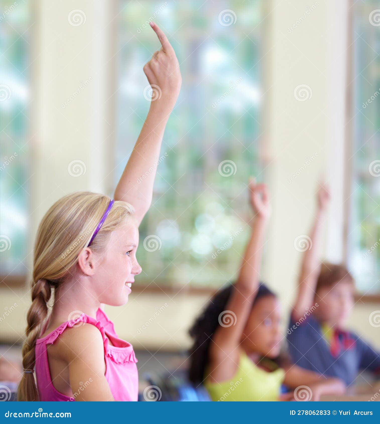 Education, Children and Classroom or Raise Hands on School Desk or ...