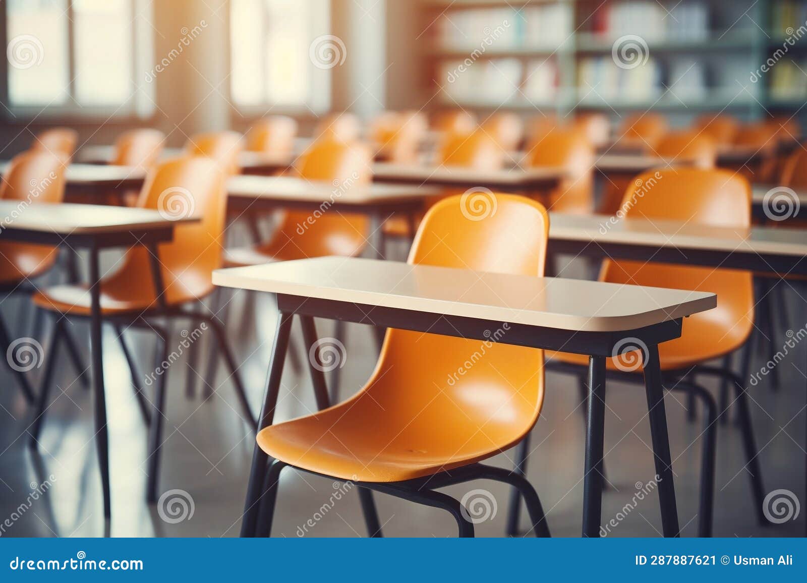Education Concept: Empty Classroom with Tables and Chairs, Blurred ...