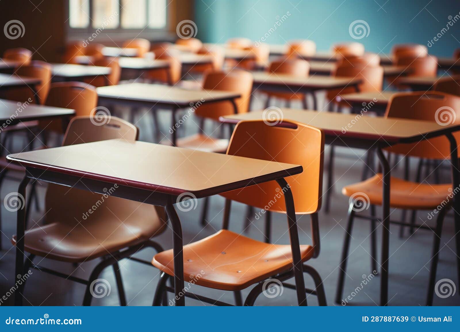 Education Concept: Empty Classroom with Tables and Chairs, Blurred ...