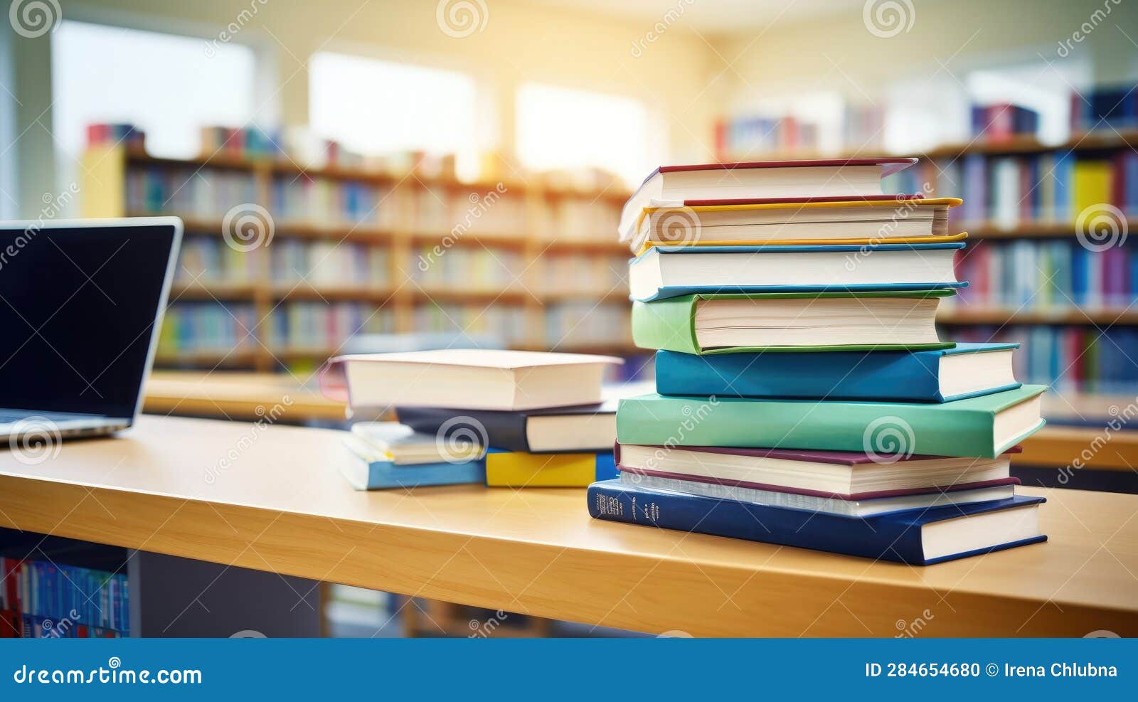 Education Concept with Laptop and Books Stack with Library Background ...