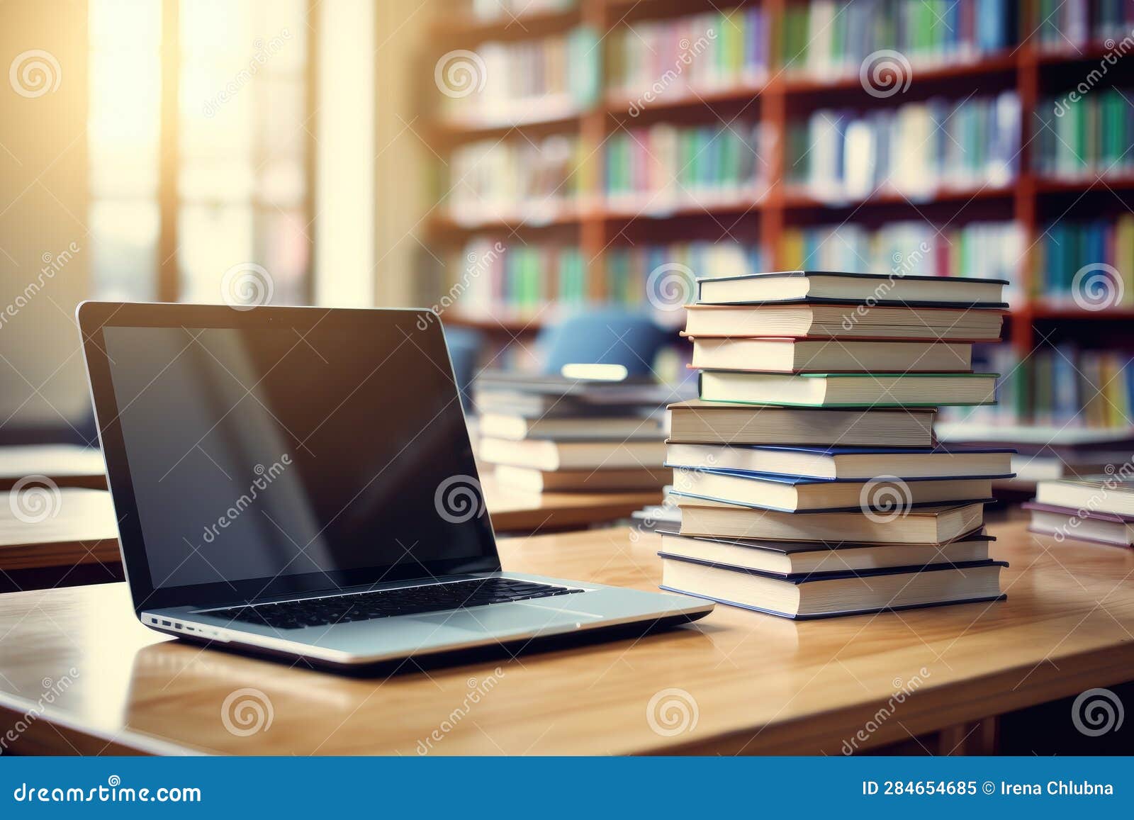 Education Concept with Laptop and Books Stack with Library Background ...