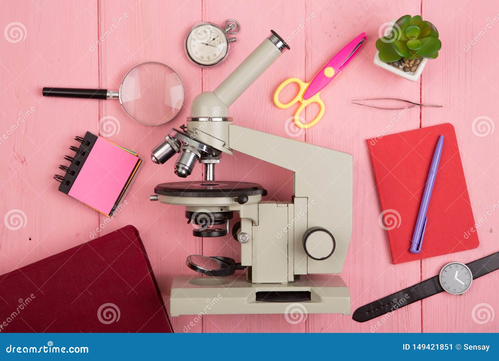 Education Concept - Notepad, Microscope on the Pink Wooden Desk Stock ...
