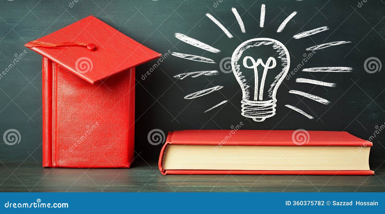 Education Concept Red Graduation Cap Book and Idea Lightbulb on ...