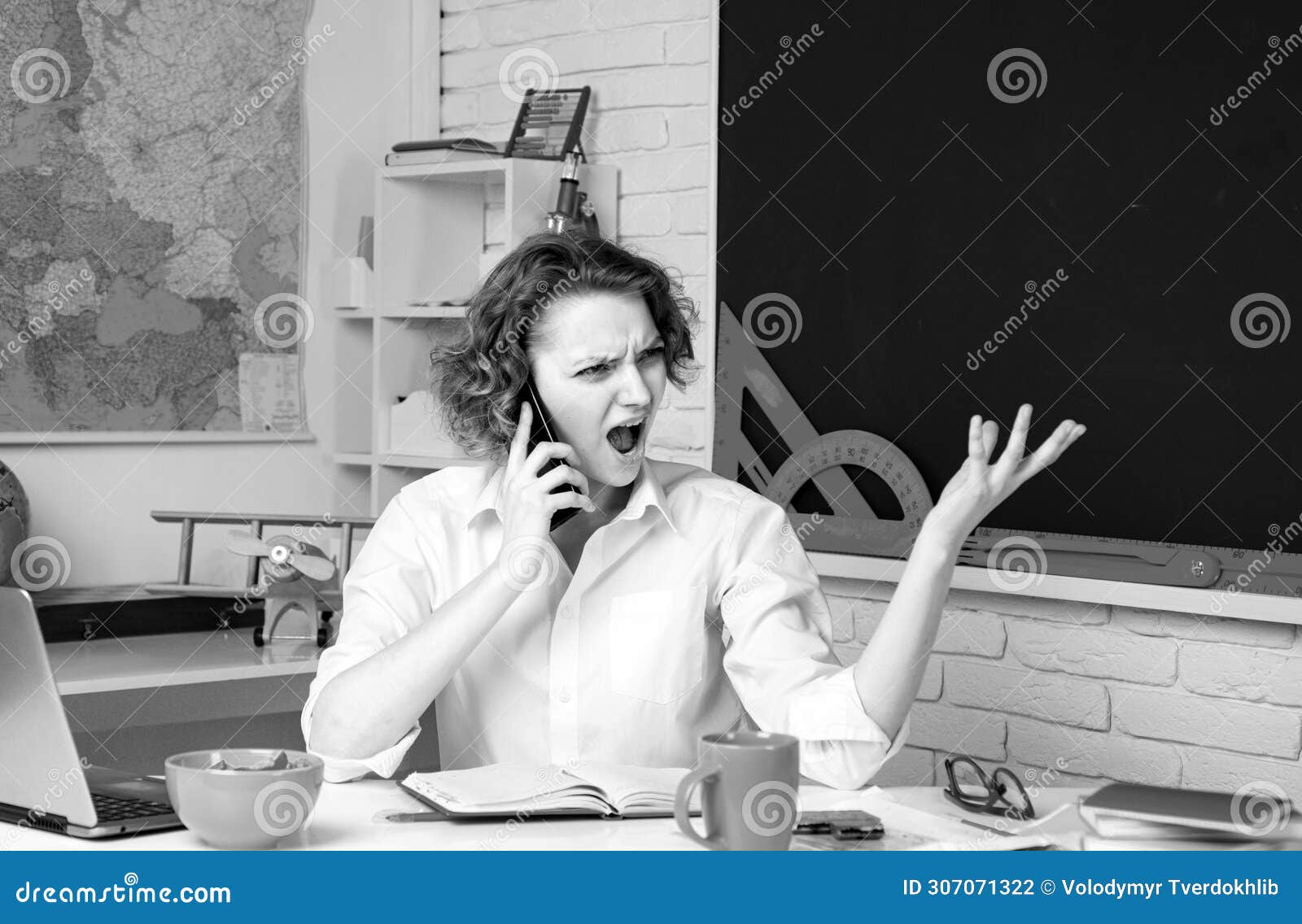 Education Concept. School Teacher Talking on Smartphone. Angry Tutor in ...