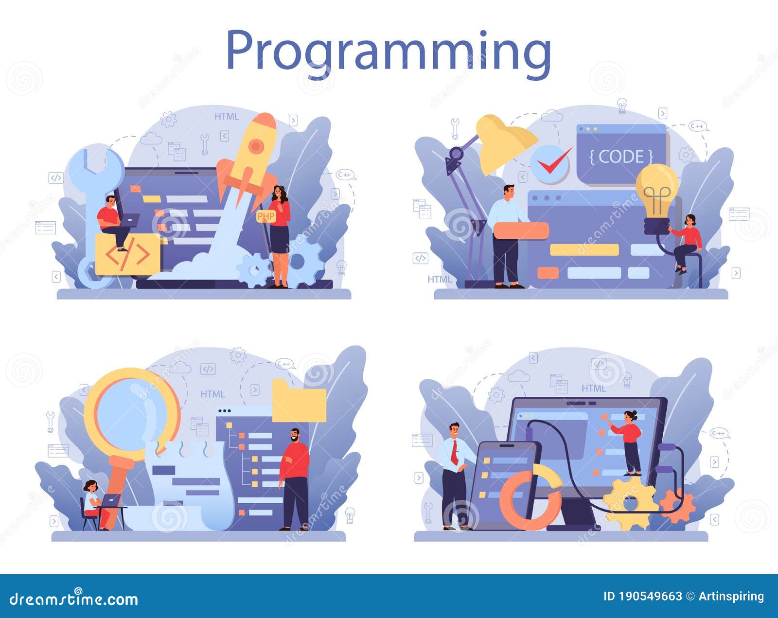 It Education Concept Set. Student Write Software and Create Code Stock ...