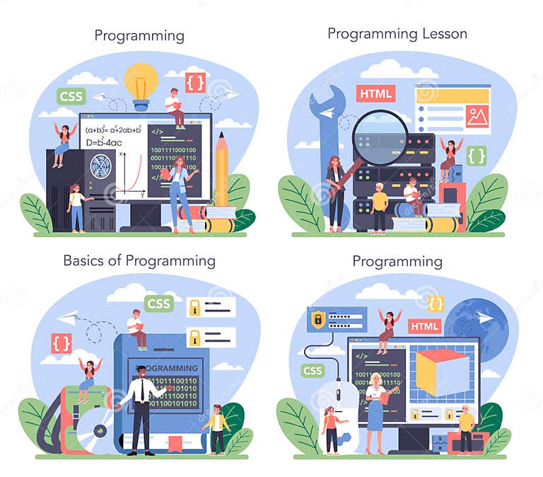 It Education Concept Set. Student Write Software and Create Code Stock ...