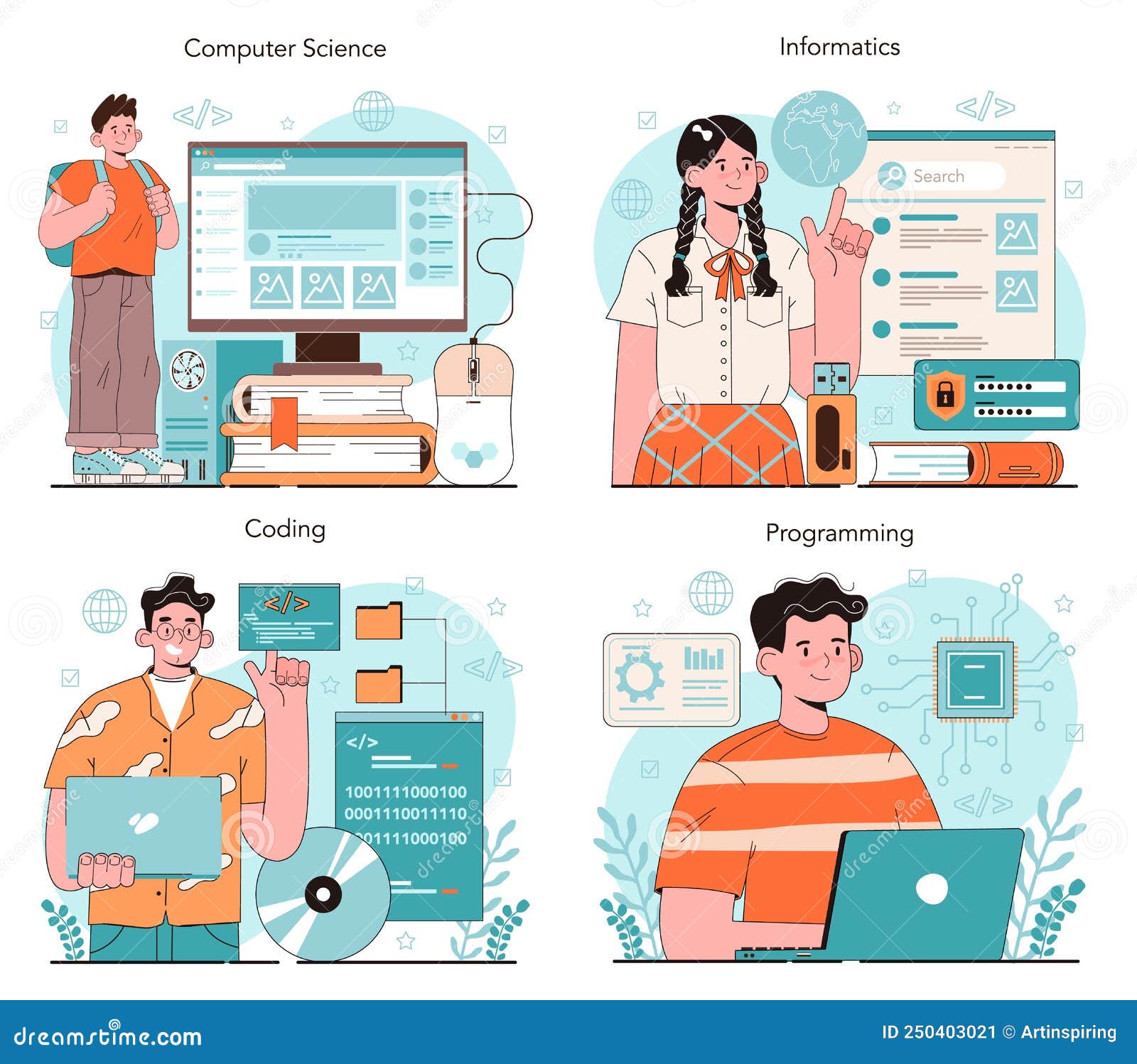 It Education Concept Set. Student Write Software and Create Code Stock ...