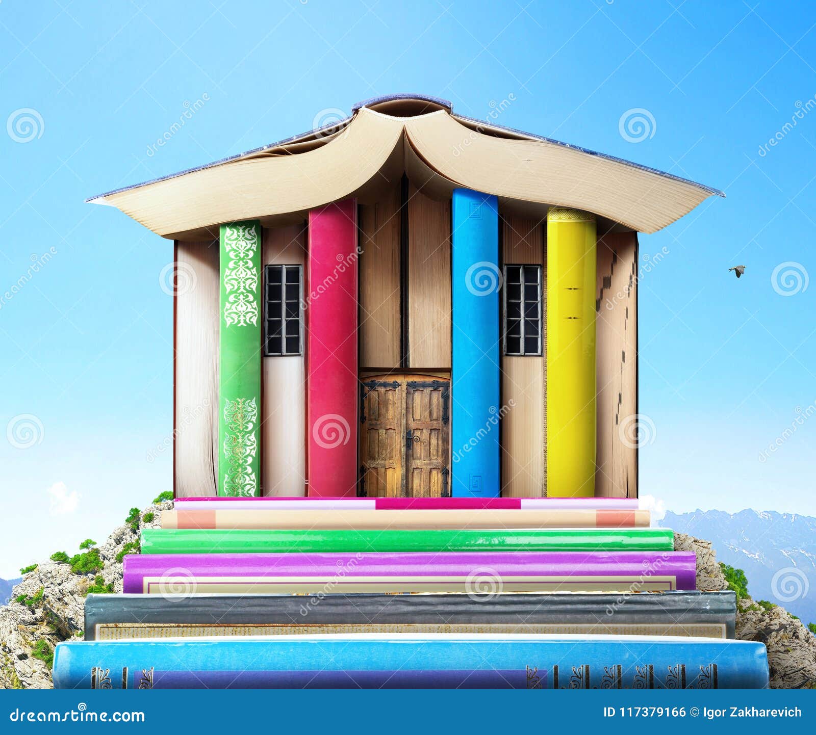 Education Concept. Stack of Books in Form of a Building on a Sky Stock ...