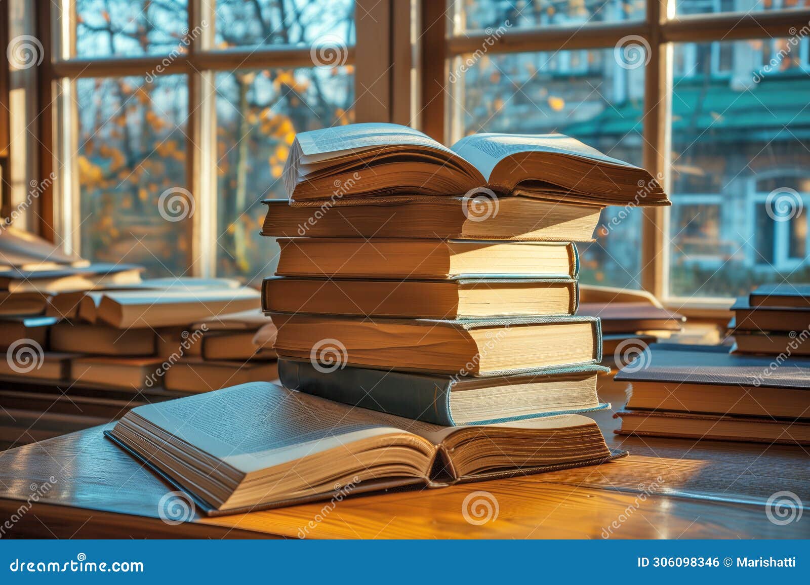 Education Concept: Stack of Books on a Library Table Stock Illustration ...