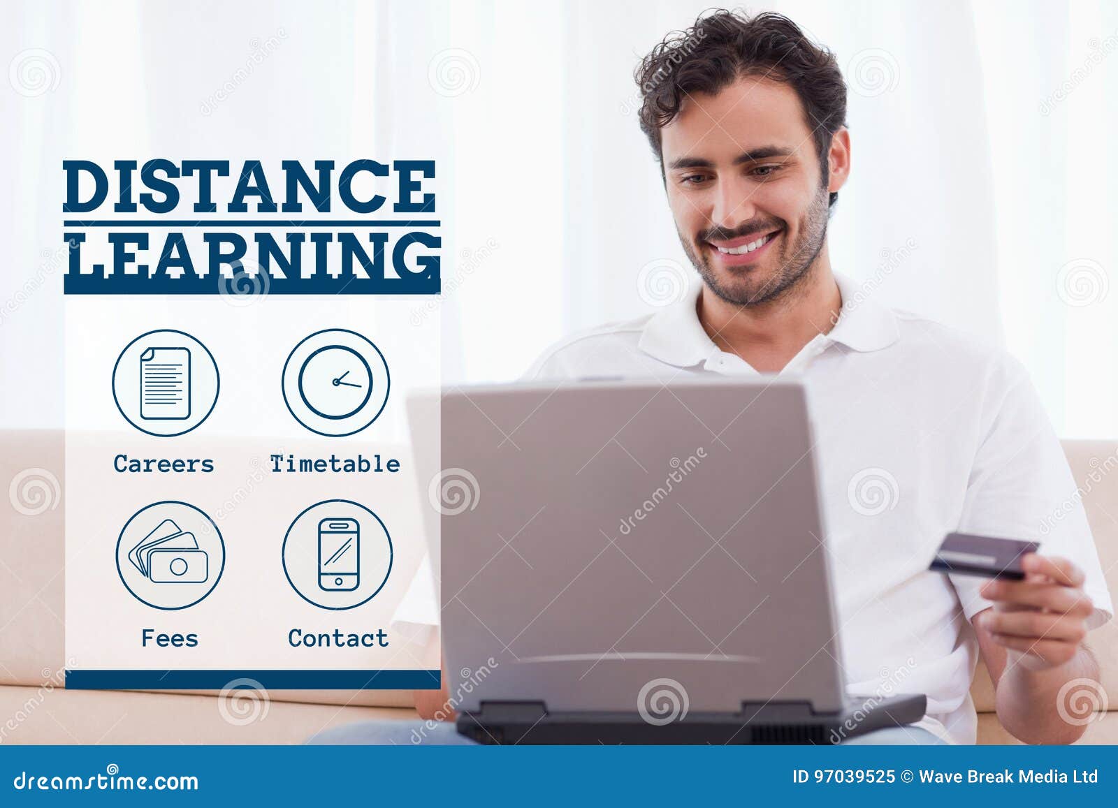 Education and Distance Learning Text and Icons and Man Looking at a ...