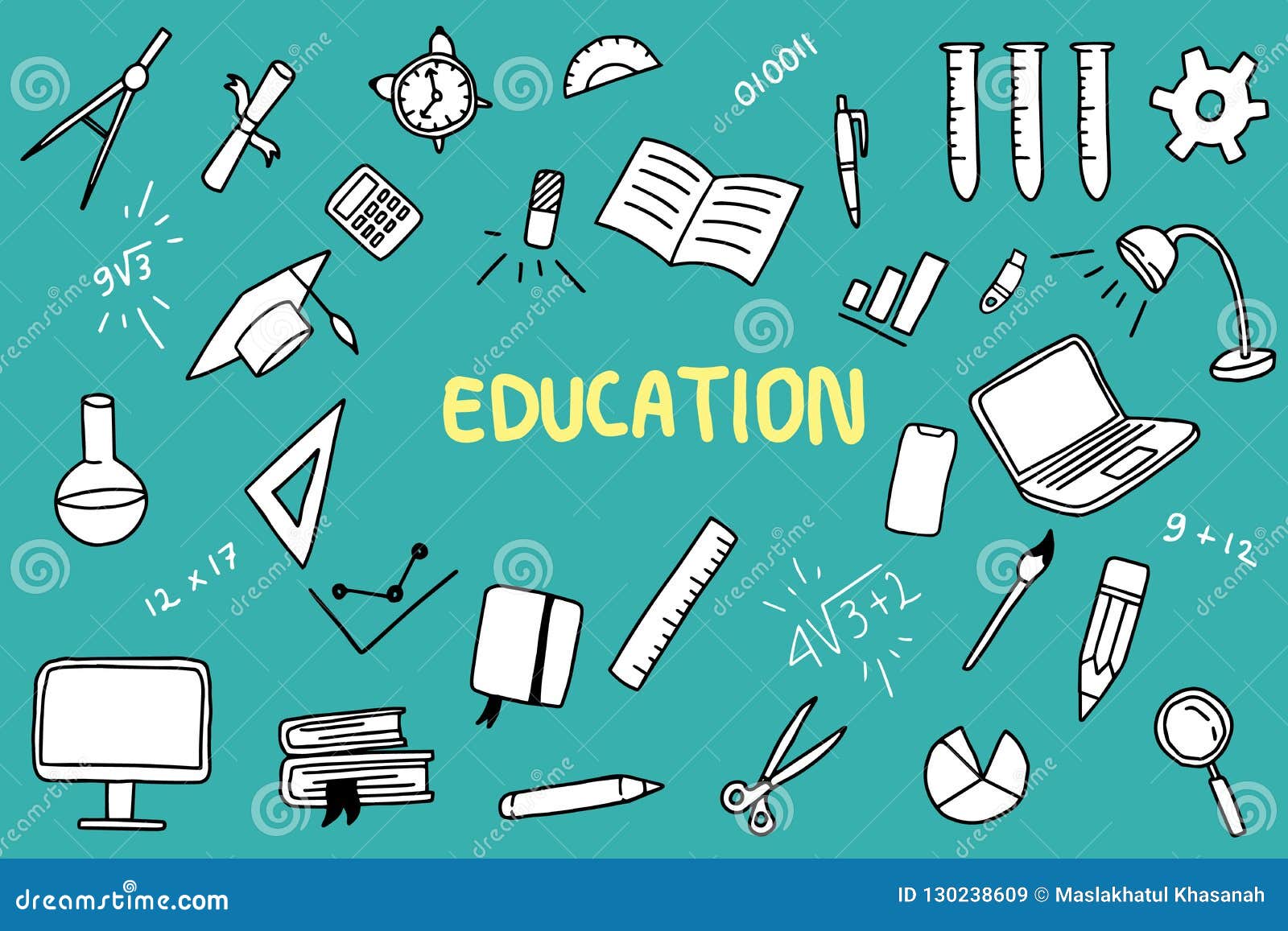 Education Doodle with Color and Educations Object Like Note Book Ruler ...