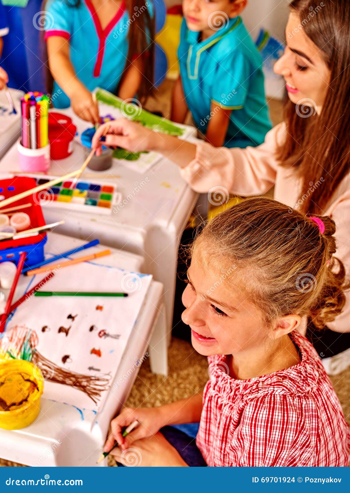 Education Drawing Learning Happy Children and Teacher . Stock Photo ...