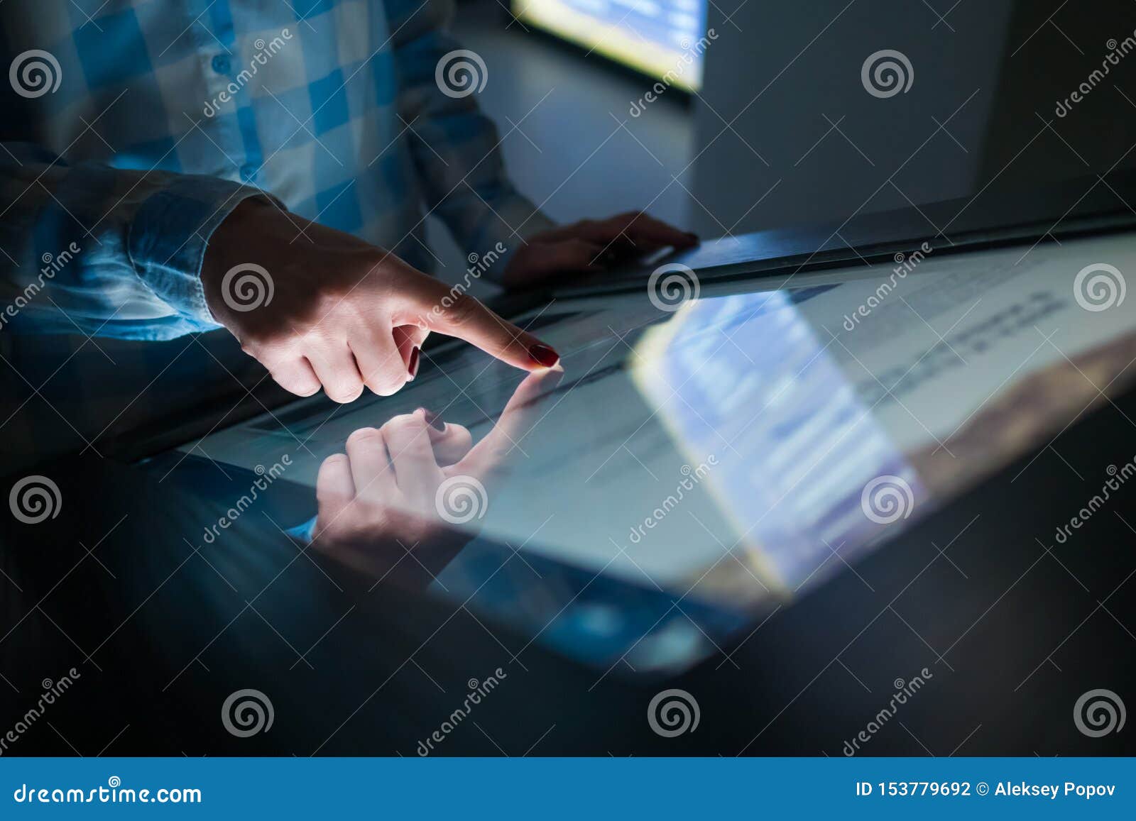 Woman Hand Using Multimedia Touchscreen Display of Interactive Kiosk ...