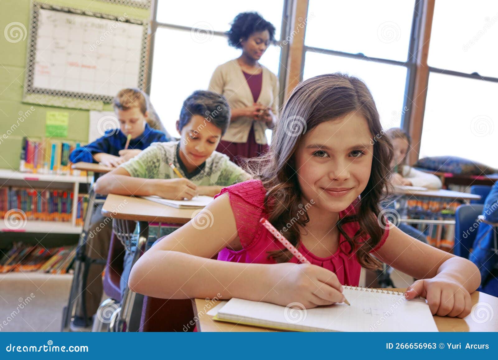 Education, Girl and Portrait Writing in Classroom with Notebook for ...