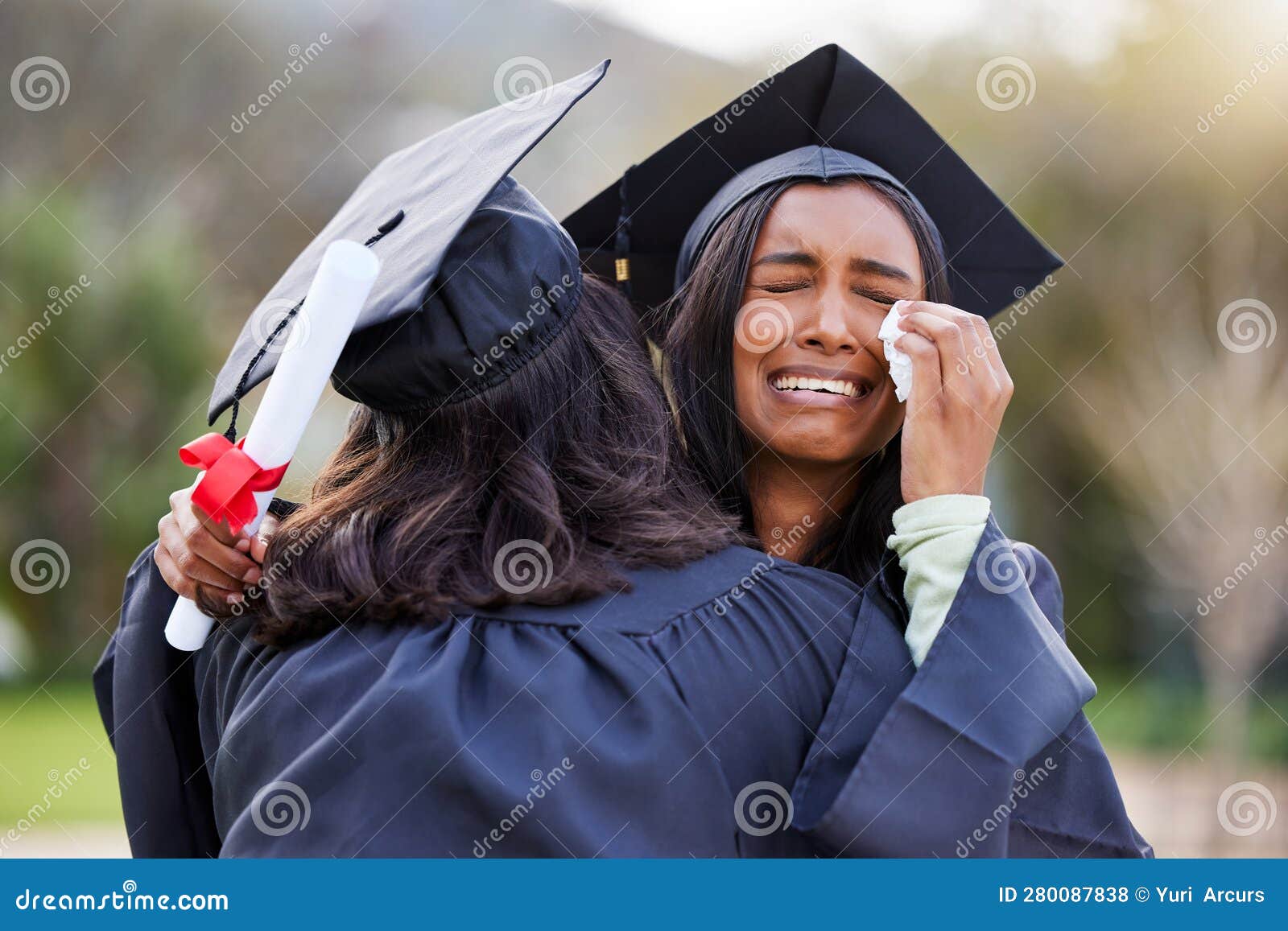 Education, Graduation and Crying with Friends Hugging in Support or ...