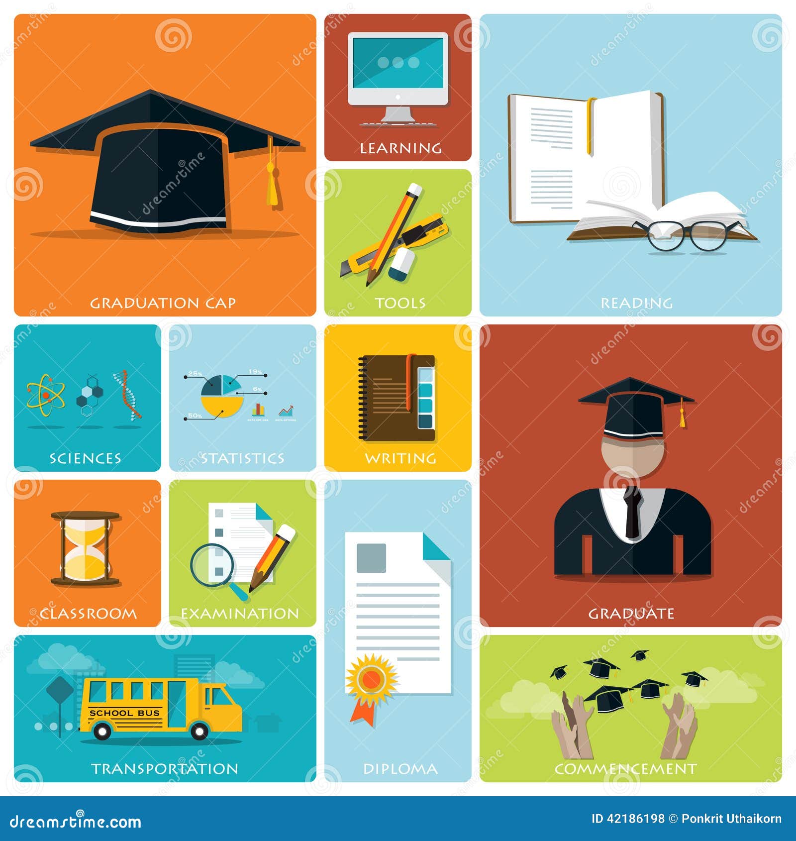 Education and Graduation Flat Icon Set Stock Vector - Illustration of ...