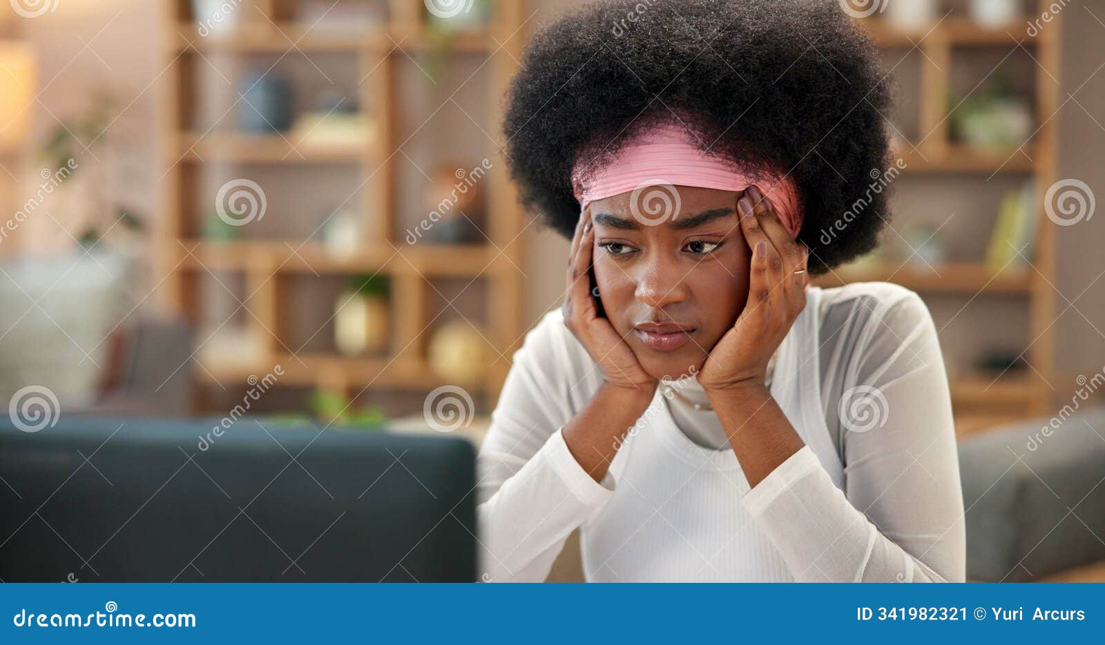 Education, Headache and Laptop with Black Woman Student in Home Study ...