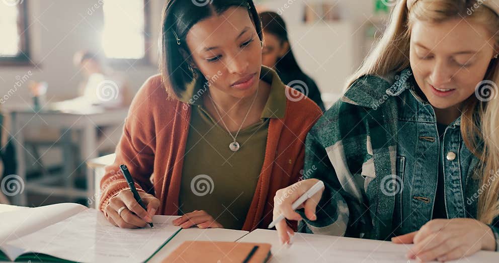 Education, Help and Friends Writing Notes in Classroom with Studying ...